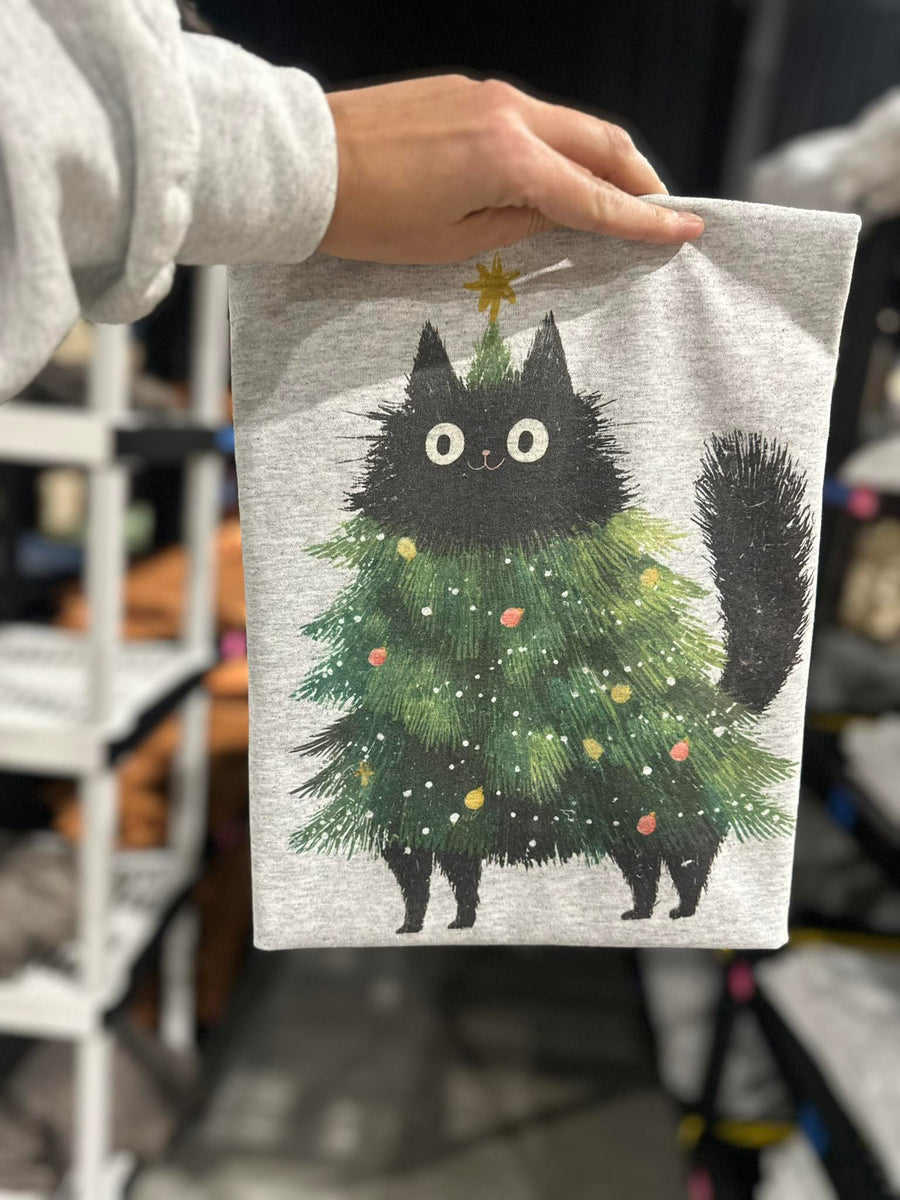 Black Cat Christmas Tree on Ash Gray – Right Meow or Never